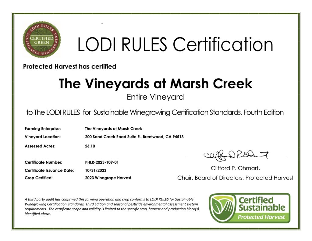 Lodi Rules Sustainable Vineyard Certificate – Vineyards at Marsh Creek
