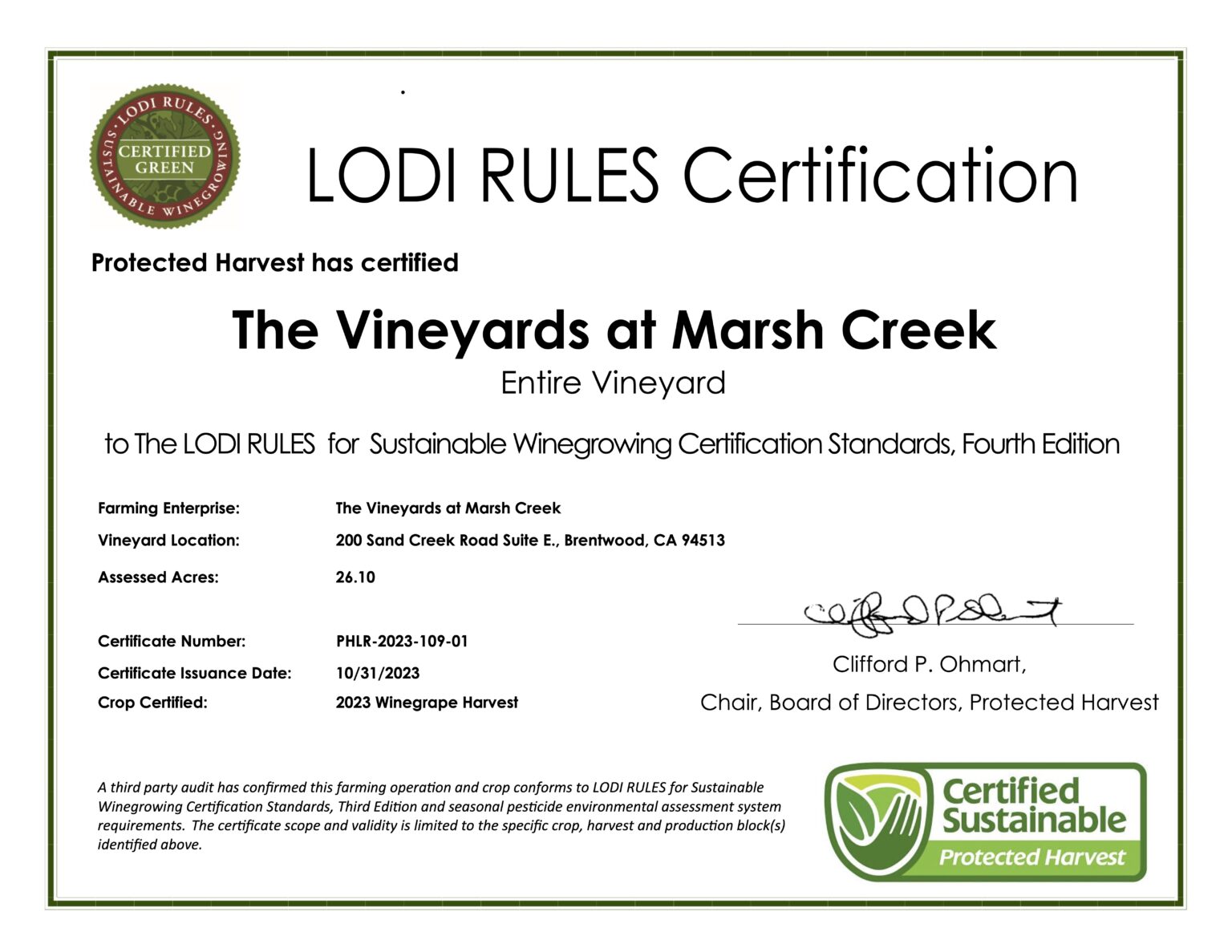Lodi Rules Sustainable Vineyard Certificate – Vineyards at Marsh Creek